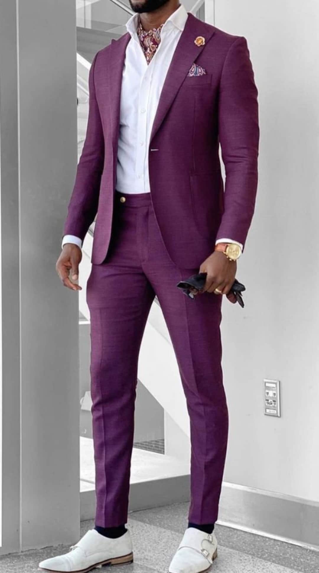 Buy Men Purple Suits 2 Piece Slim Slim Suit Fit Formal Coat Pant Online ...