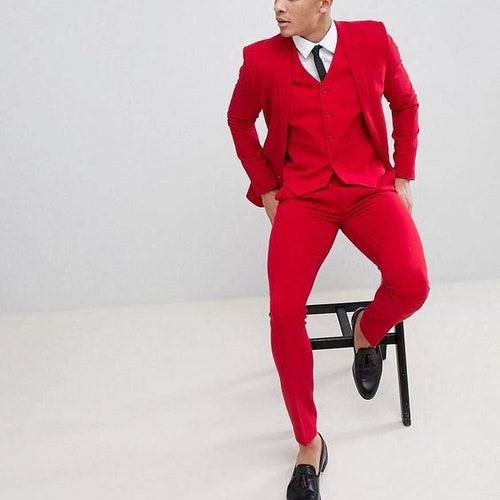 Joker Men Suits Red Tweed 3 Piece Slim Fit Elegant Formal - Etsy