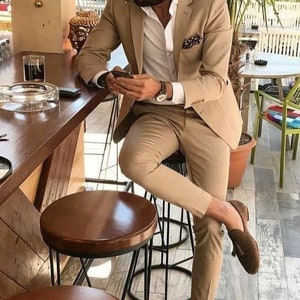 MEN SUITS, Cream 2 Piece Suit Slim Fit One Button Business Suit, Office ...