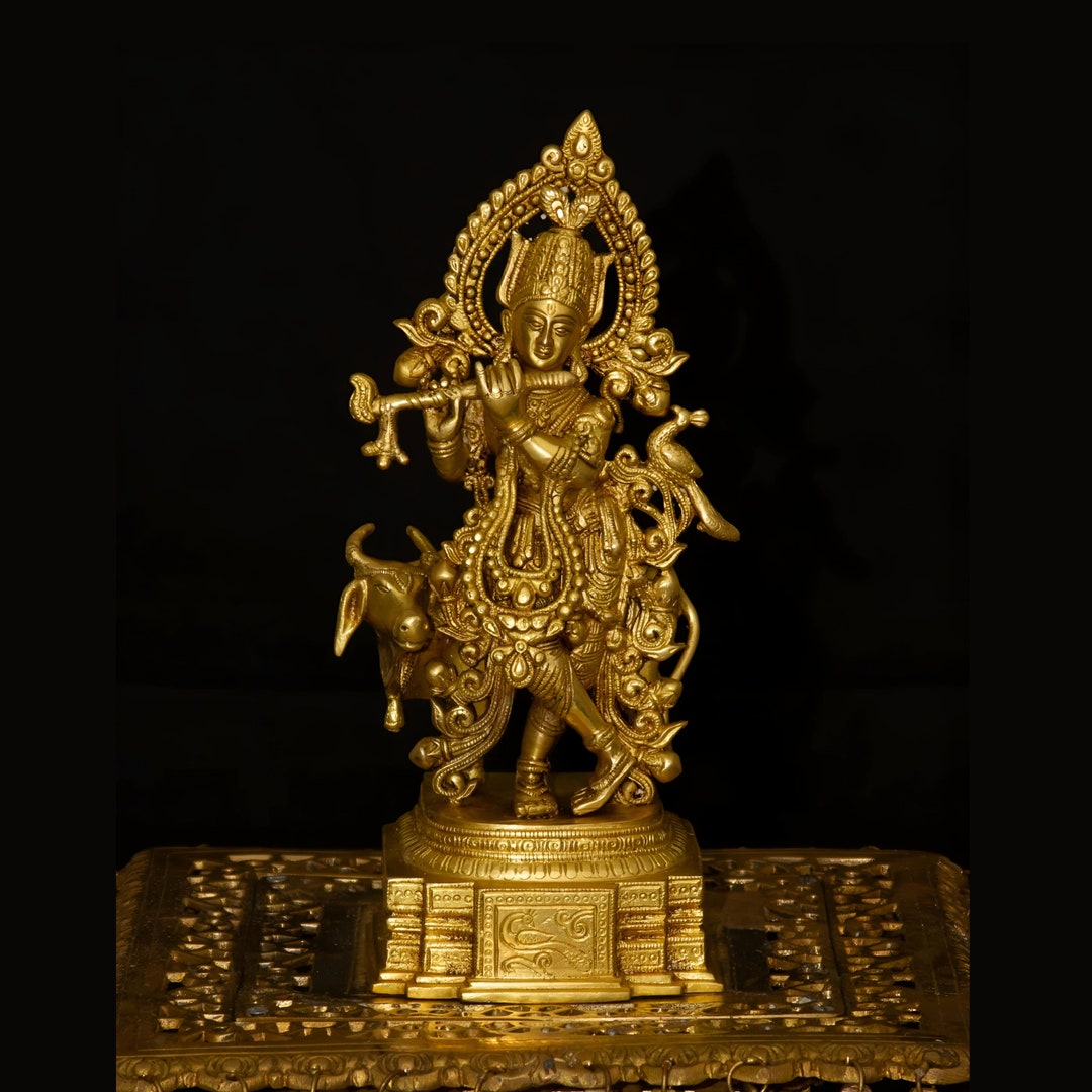 13.5 Inches Brass Krishna Cow Statue, Brass Decor, Lord Krishna ...