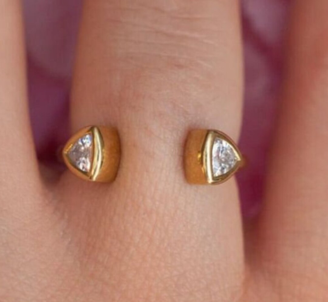 Open Cuff Wedding Ring, Two Stone Engagement Ring, Trillion Cut Diamond ...