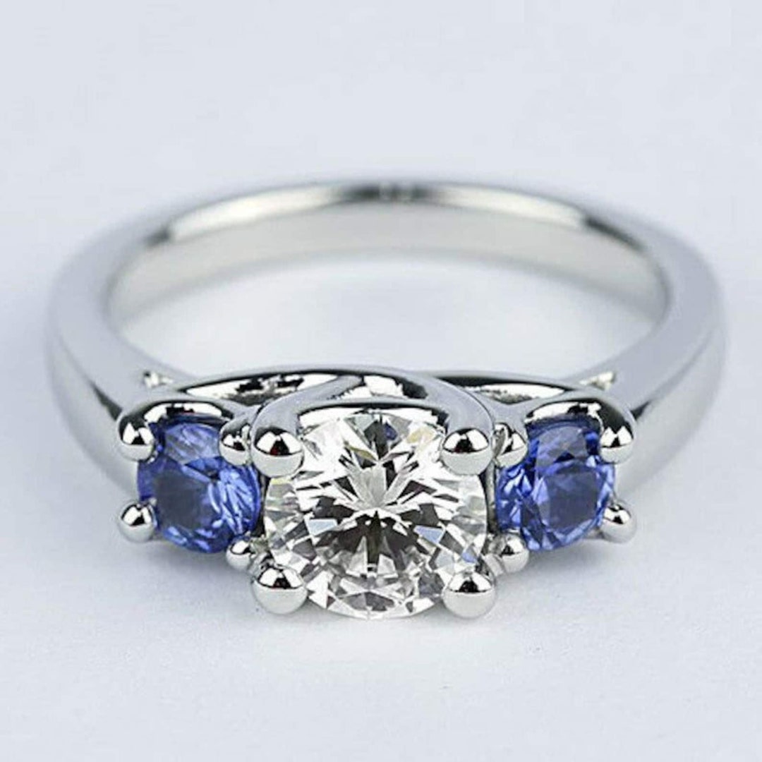 Blue Sapphire Three Stone Ring, Round Cut Moissanite Ring, Three Stone ...