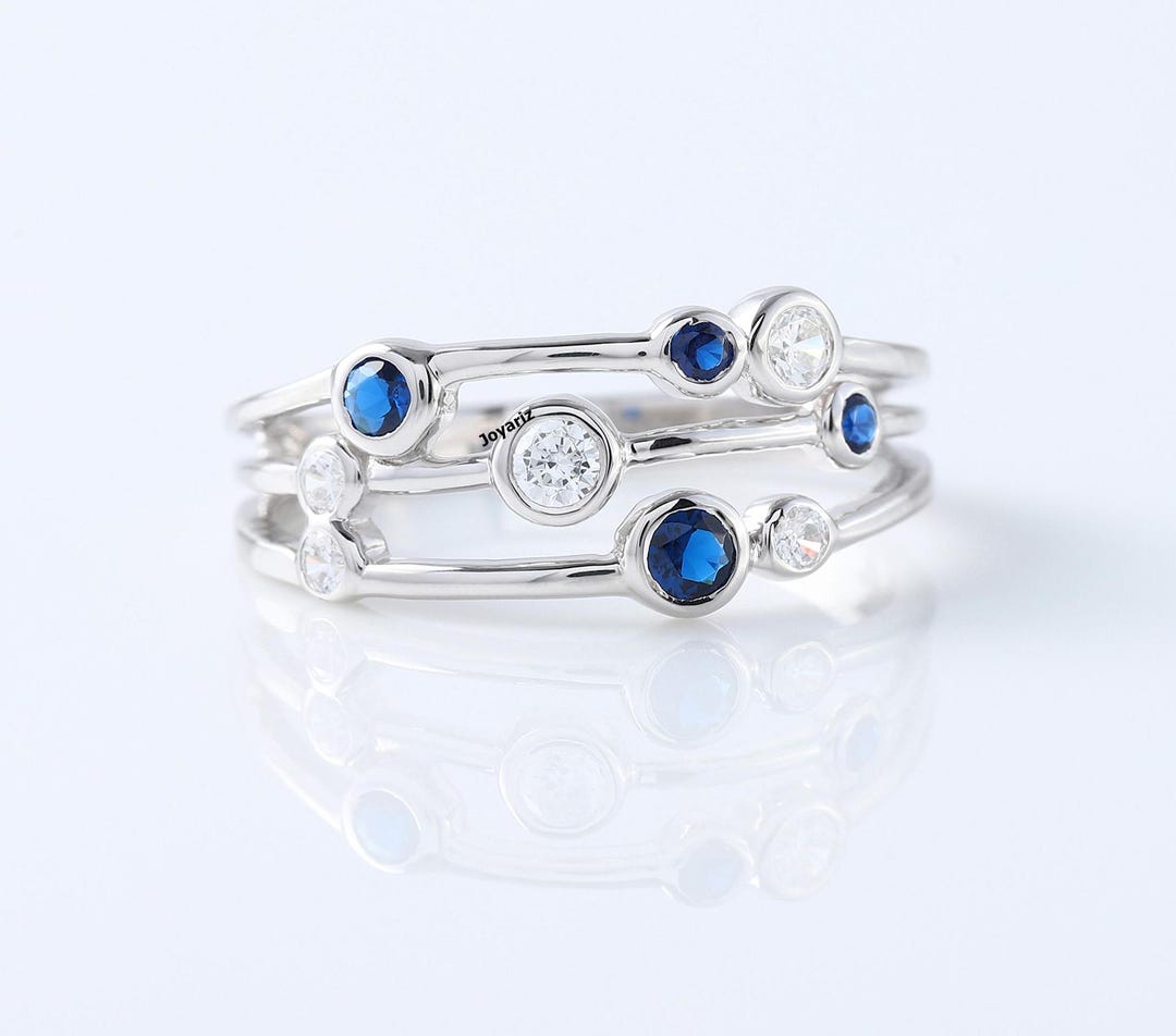 Round Sapphire & White Bezel Set Diamond Ring, Three Row Bubble Ring ...