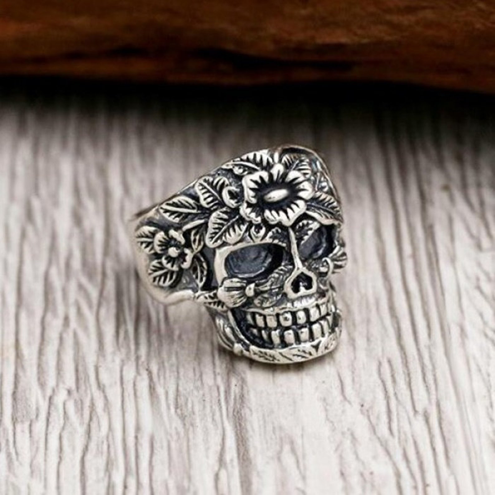 925 Sterling Silver Sugar Skull Ring / Flower skull Ring / | Etsy