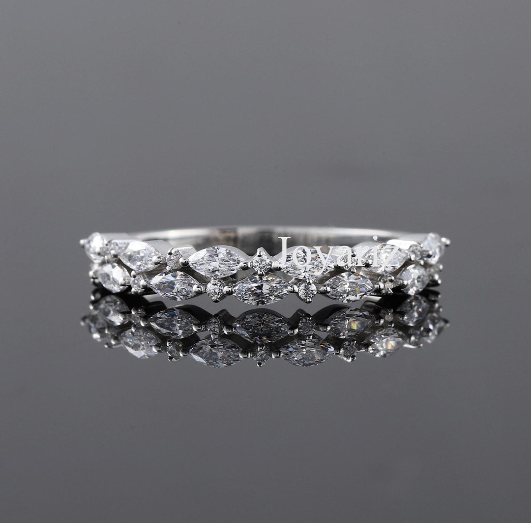 Double Row Half Eternity Band Lab Grown Diamond Ring, Marquise & Round ...