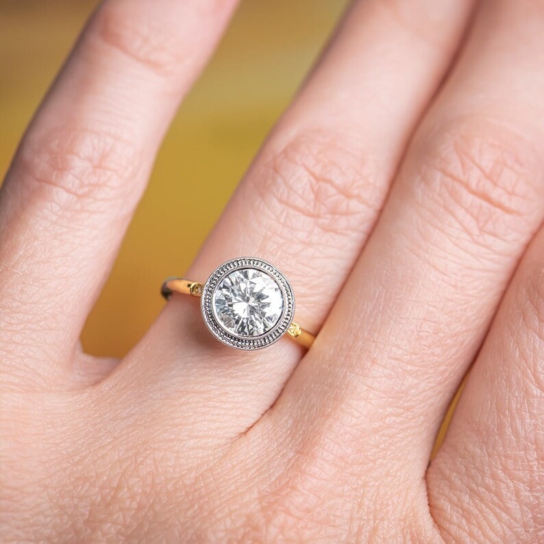 Vintage Moissanite Ring, Two Tone Solitaire Ring, Round Cut Moissanite ...