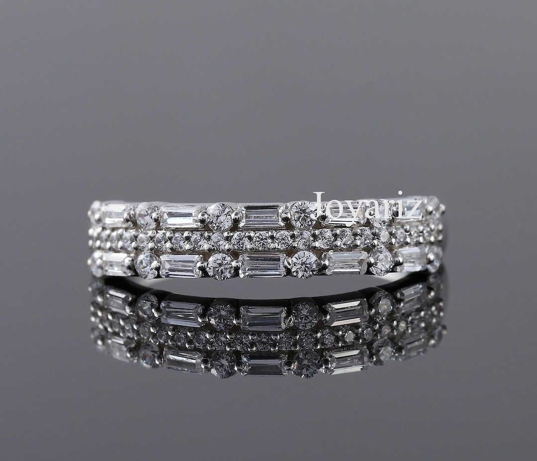 Half Eternity Lab Grown Diamond Wedding Band, Round & Baguette Cut Lab ...