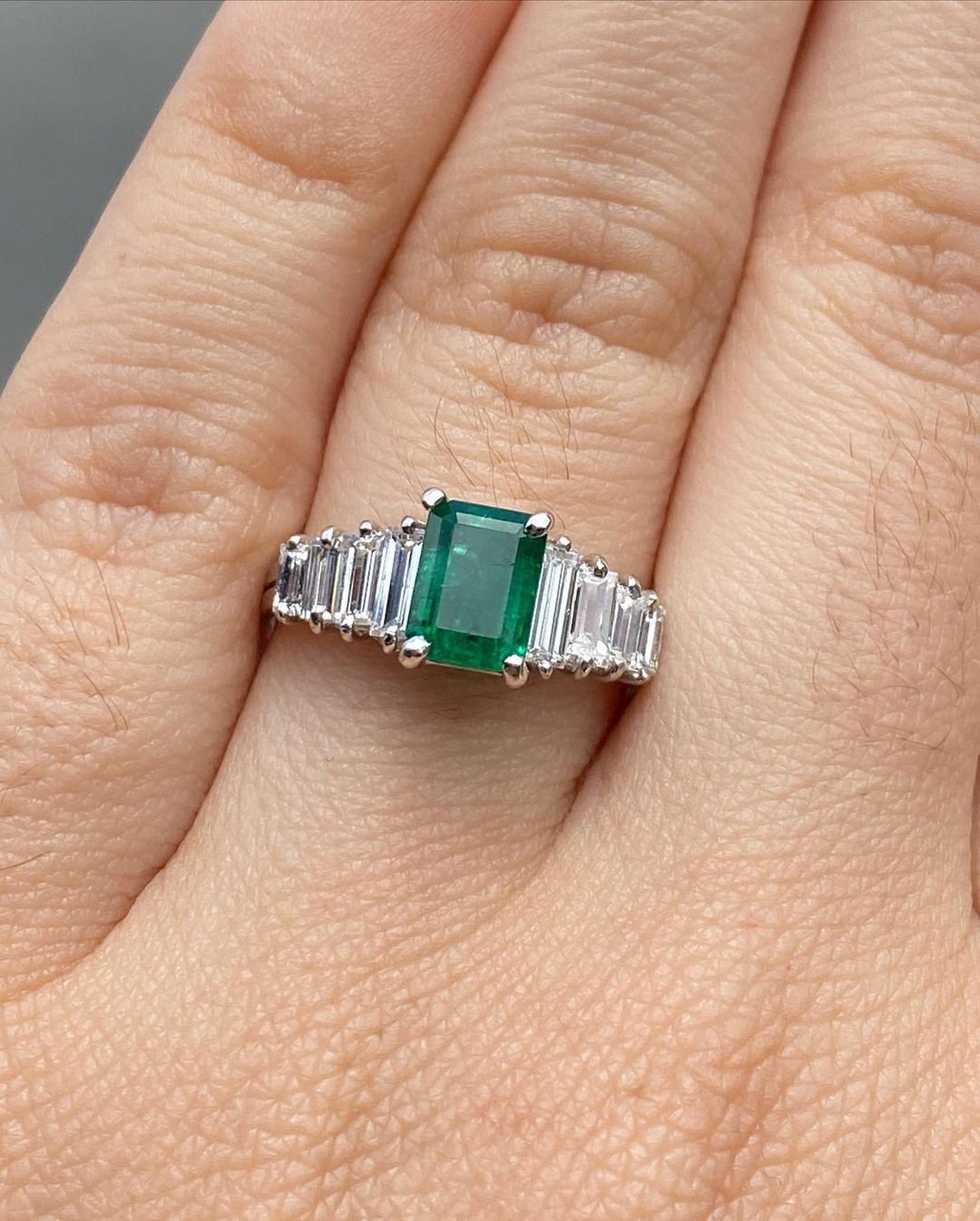 Green Emerald Cut & Side Baguette Cut Diamond Engagement Ring, Vintage ...
