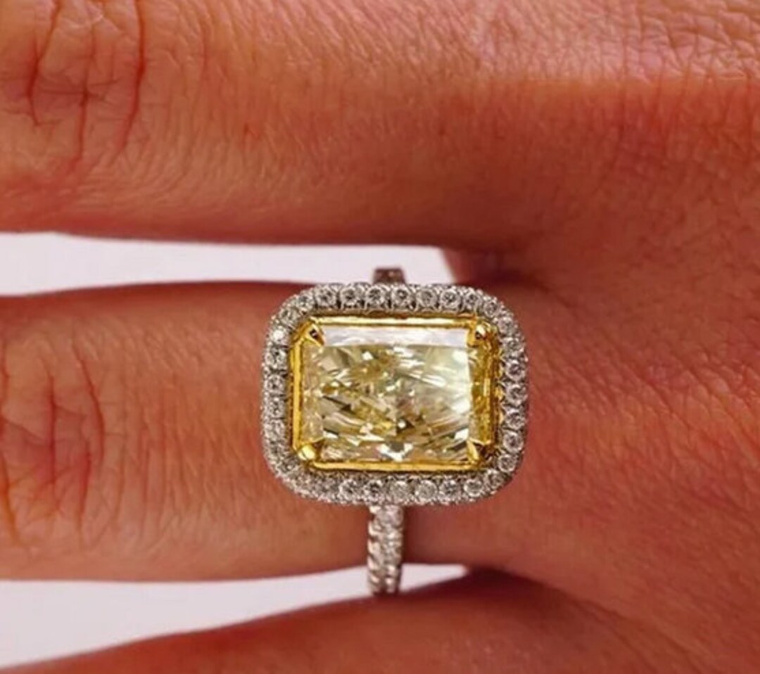 Halo Engagement Ring, 3 Ct Radiant Cut Yellow Diamond Wedding Ring ...