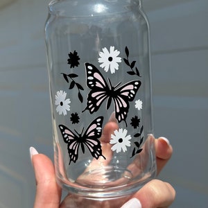 Butterfly Flowers Glass Iced Coffee Glass Butterfly Cup Cute Glass Cup ...