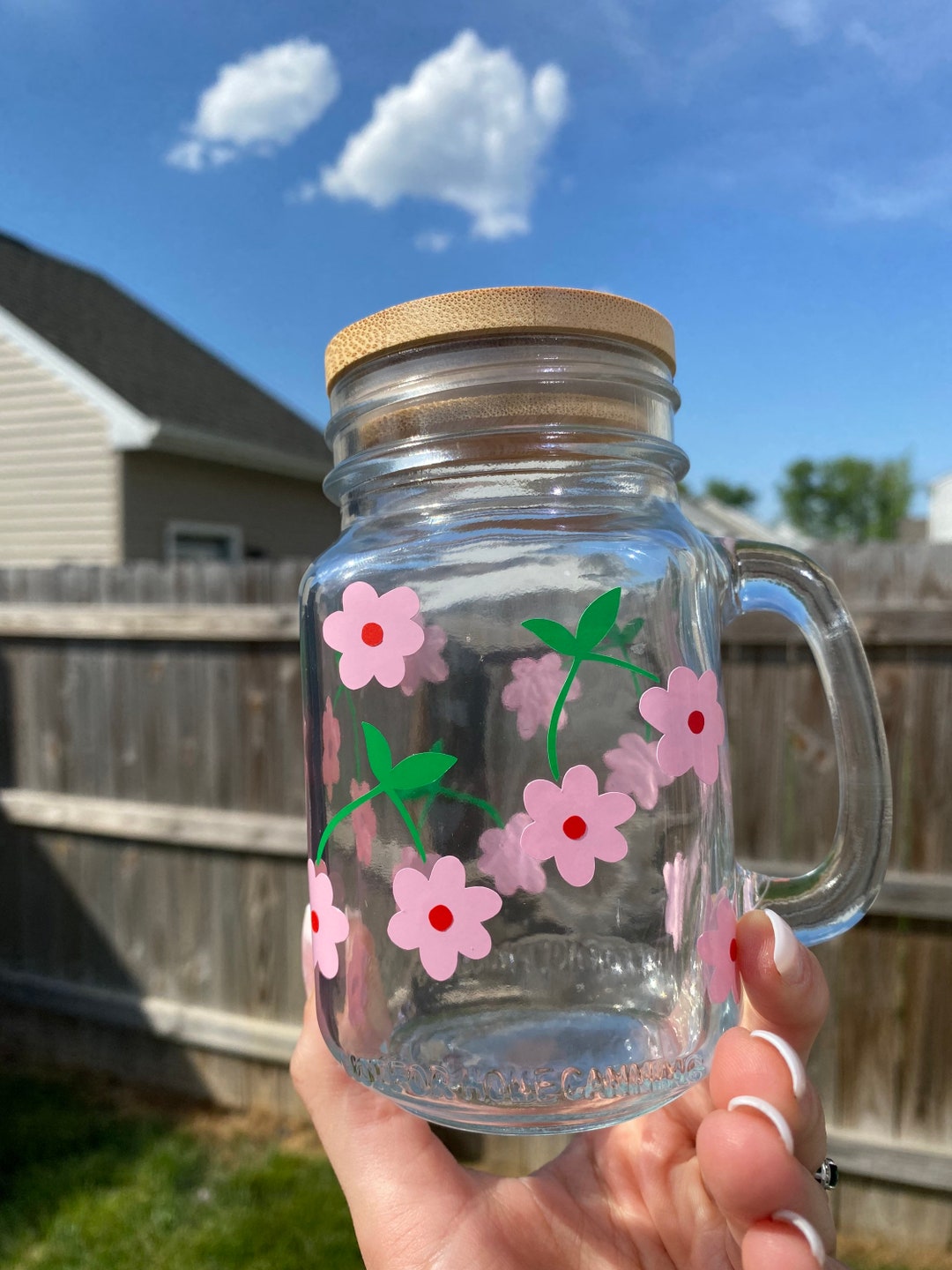 Flower Cherry Cup | Pink Flower Glass | Cherry Cup | Mason Jar Cup ...