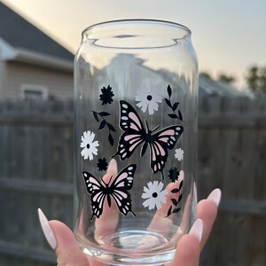 Butterfly Flowers Glass Iced Coffee Glass Butterfly Cup Cute Glass Cup ...