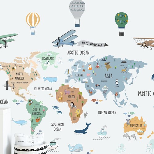 World Map Wall Decal for Kids Animal World Map Sticker - Etsy