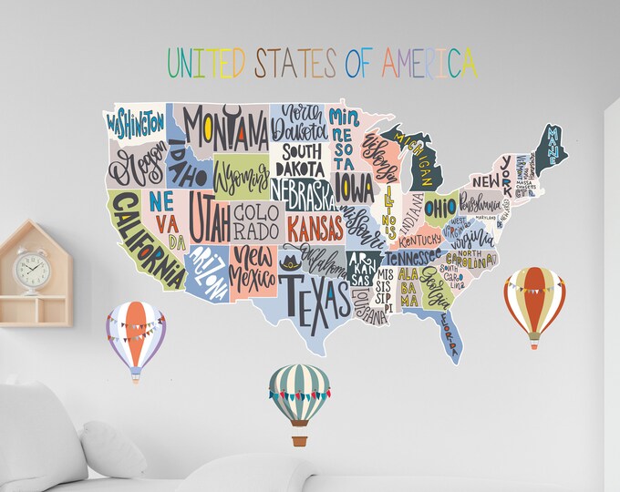 United States Map, Decal USA Map Sticker, State Map Wall Mural, Map of ...