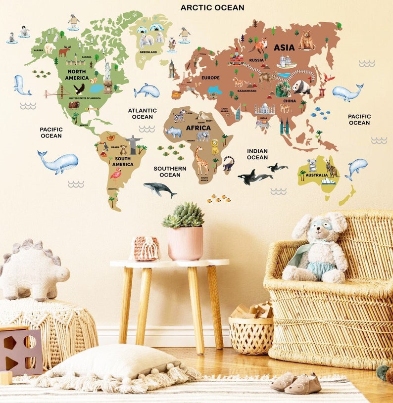 Big World Map Decal, Boho World Map Decal, Large World Map for Kids ...