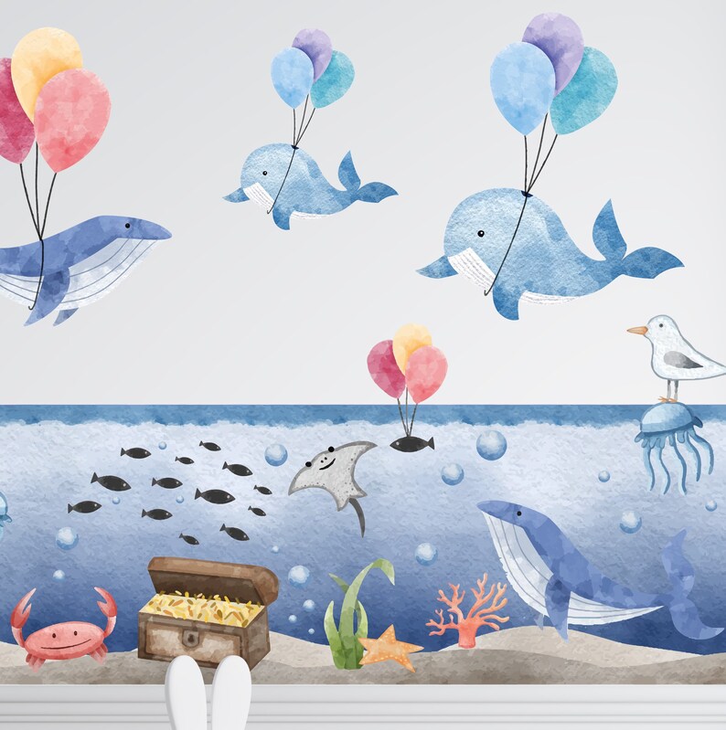 Under the Sea Watercolor Wall Decal Whales Wall Decal Ocean - Etsy