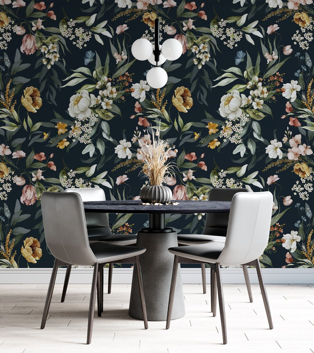 Dark Floral Wallpaper, Botanical Removable Wallpaper, Peel Stick ...