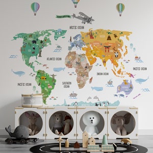 Country Names Colorful World Map Sticker, Animal World Map Decal, Peel ...