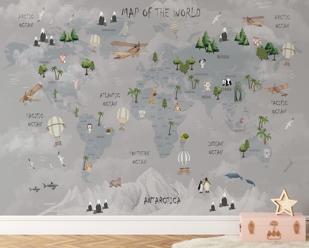 Kids Map Wallpaper, Political World Map Wall Mural, Animals World Map ...
