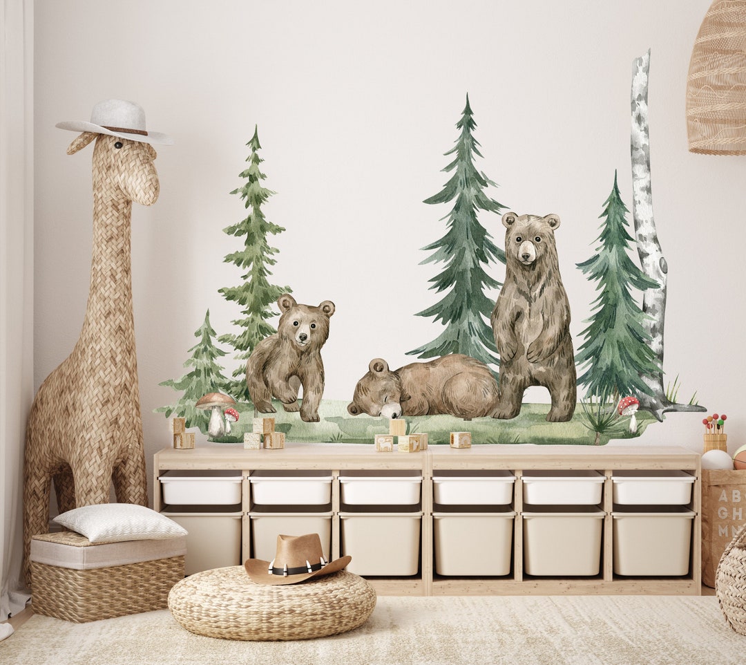 Watercolor Forest Bear Wall Decal, Nursery Wall Decal, Forest Tree and ...