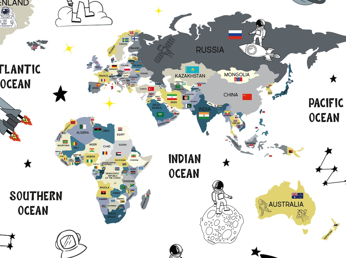 Space Countries World Map Decal, Children's World Map Sticker ...