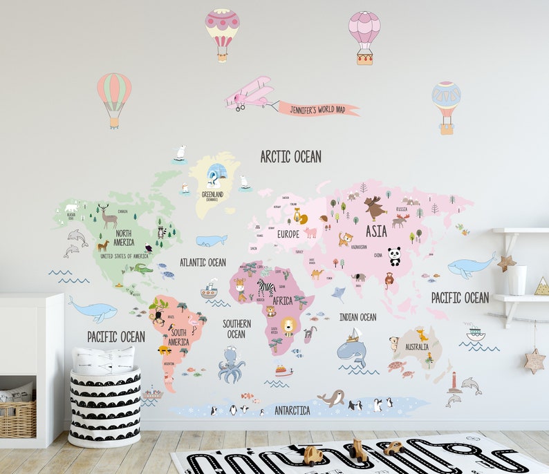 Toddler World Map Decal Animals World Map Sticker Peel and - Etsy