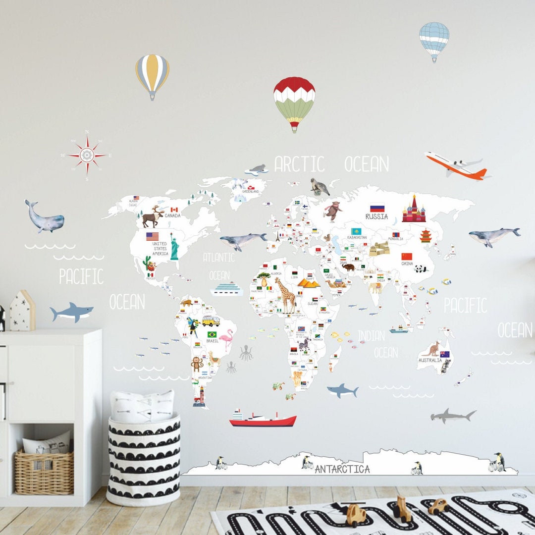 White World Map Decal / World Map Wall Sticker / Nursery Wall Decal ...