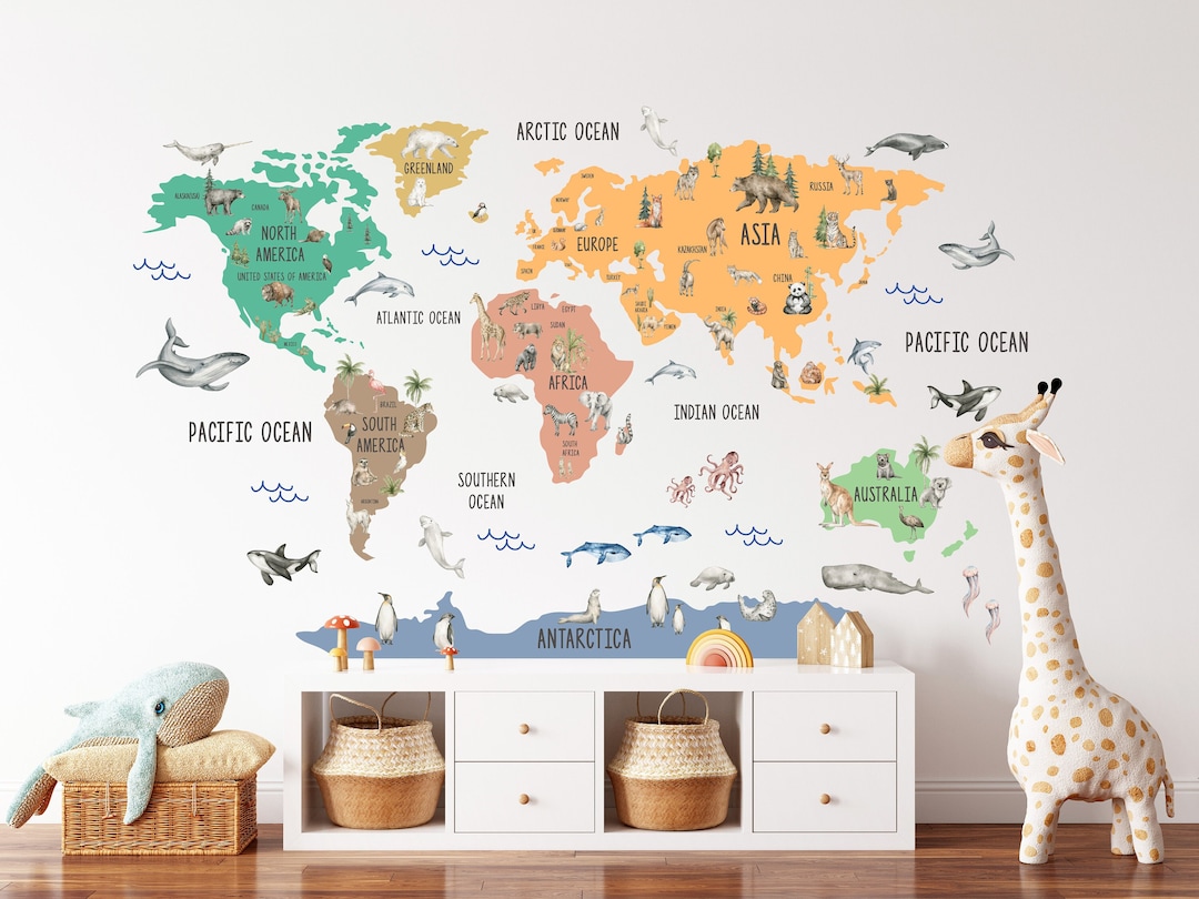 Kids Animal World Map Sticker, Nursery World Map Decal, World Map Wall ...