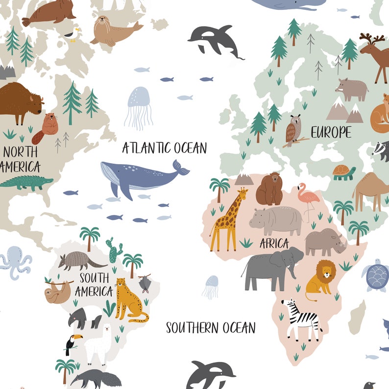 Animal World Map Decal Peel and Stick Map Decal World Map - Etsy