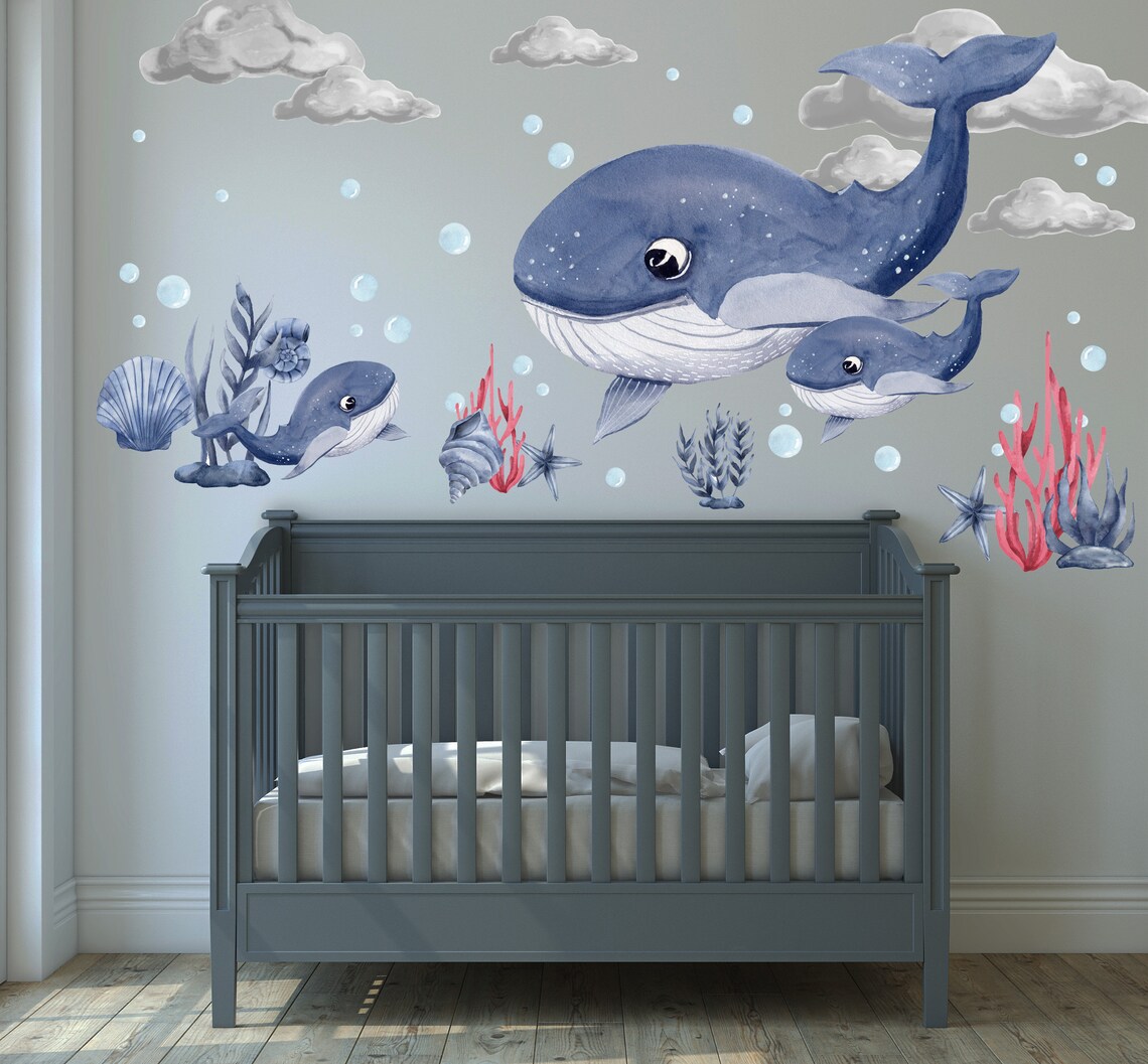 Watercolor Whales Wall Decal Set Removable Whale Wall - Etsy