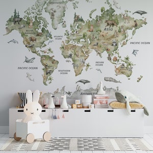 Watercolor World Map Decal, Childrens World Map Sticker, Animal Map ...