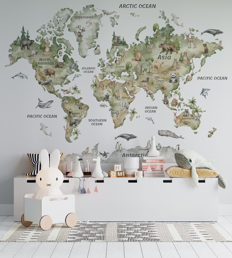 Watercolor World Map Decal Childrens World Map Sticker - Etsy