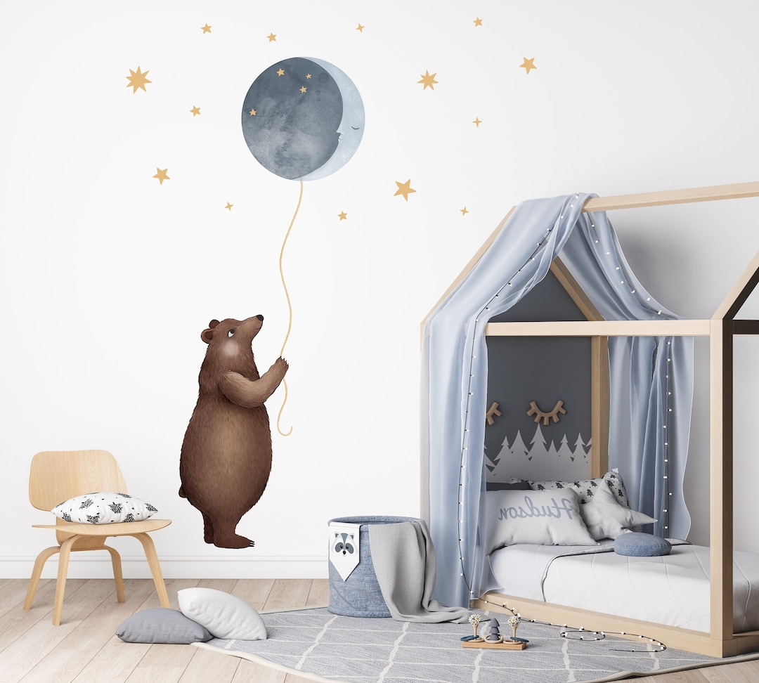 Bear Holding Moon Wall Decal, Nursery Bear and Cub Wall Sticker ...
