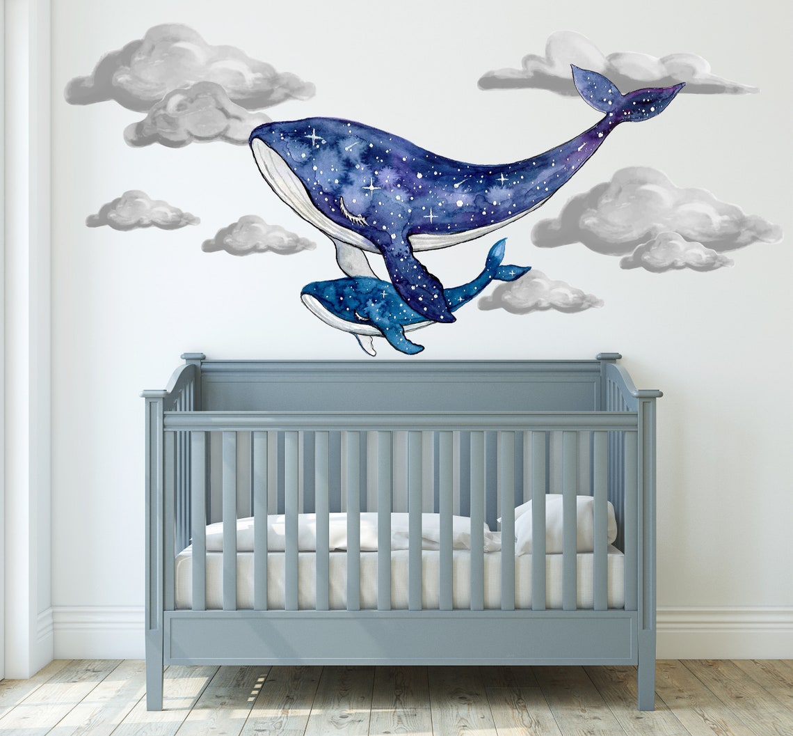 Whales and Cloud Wall Decal Set, Nursery Whale Wall Decal, Under the ...