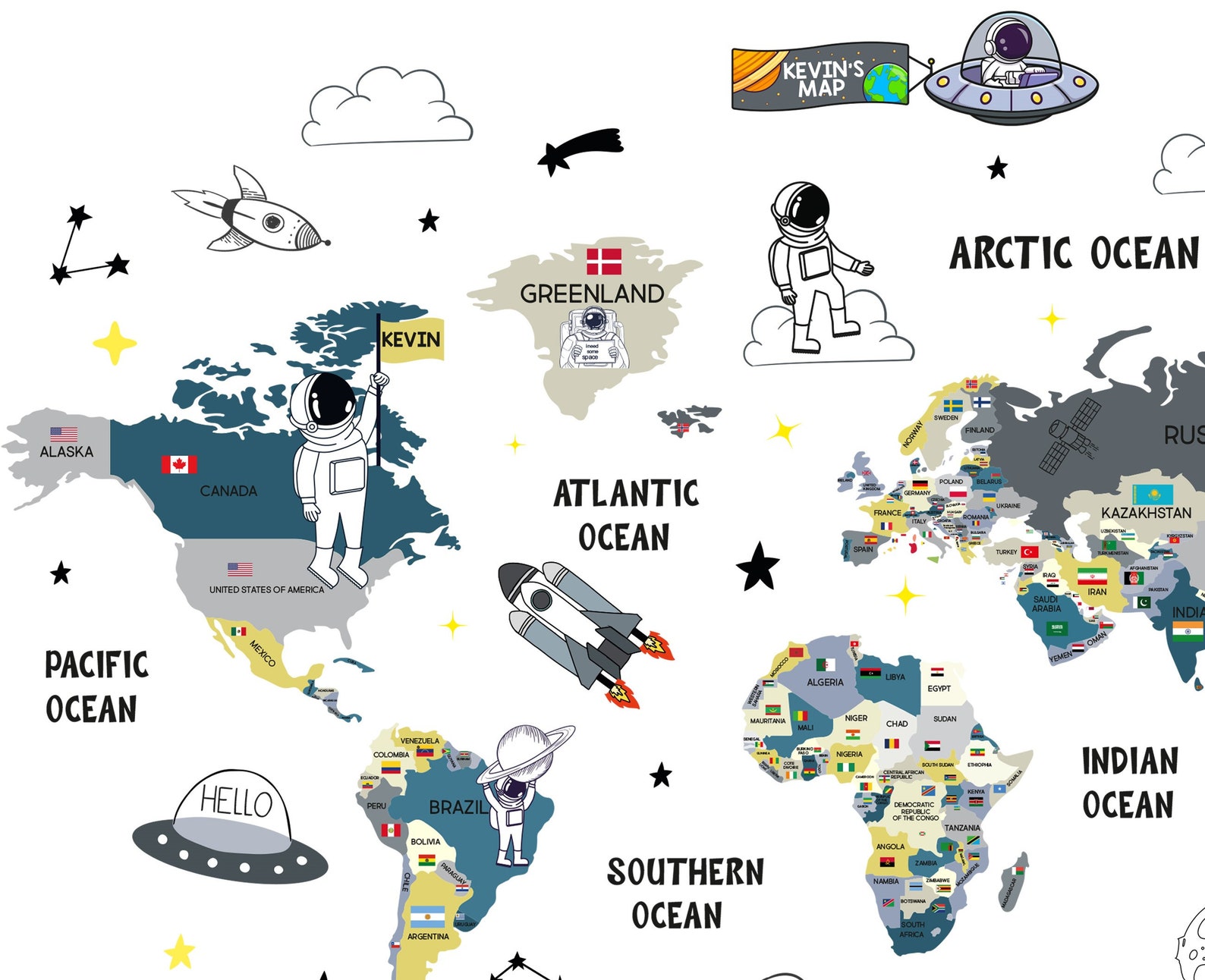 Space Countries World Map Decal, Children's World Map Sticker ...