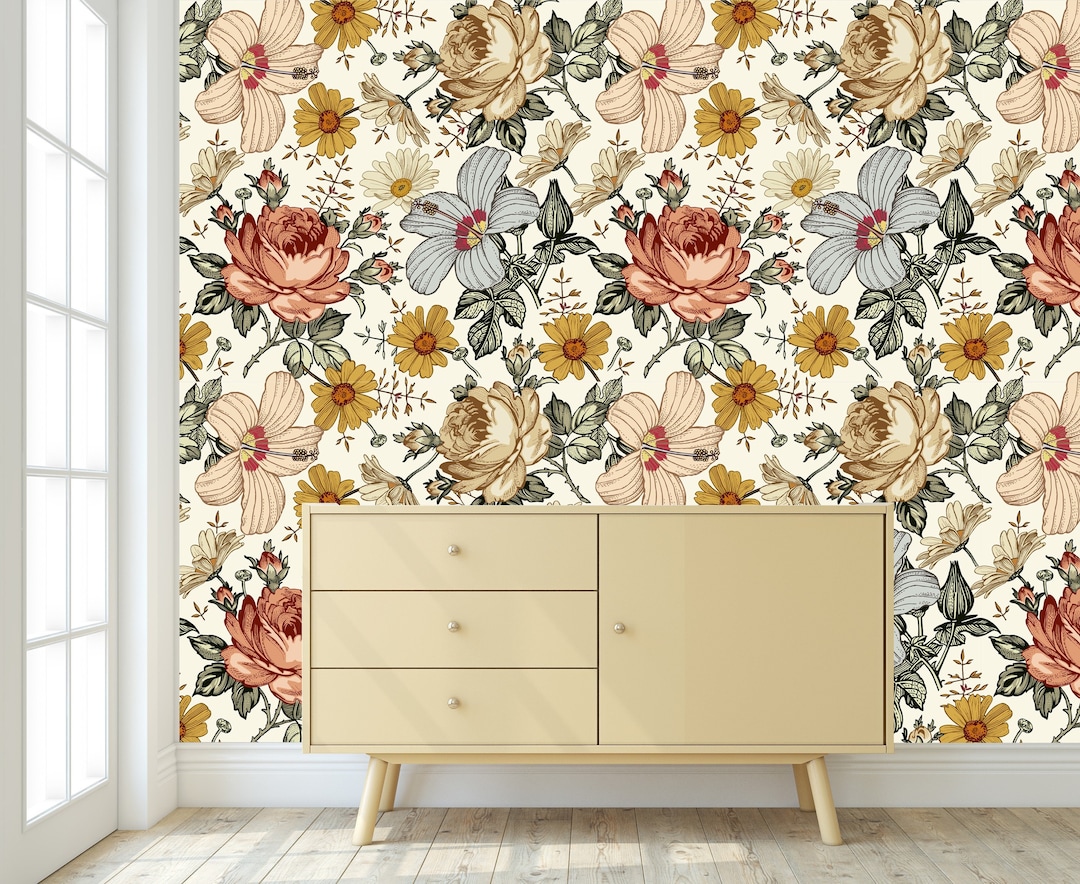 Flower Peel and Stick Removable Wallpaper, Vintage Floral Wallpaper ...