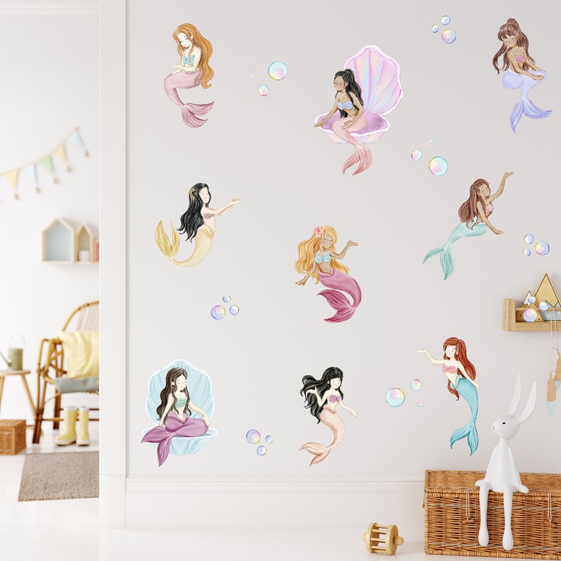 Little Mermaids Wall Decal, Nursery Mermaid Wall Sticker, Peel and ...