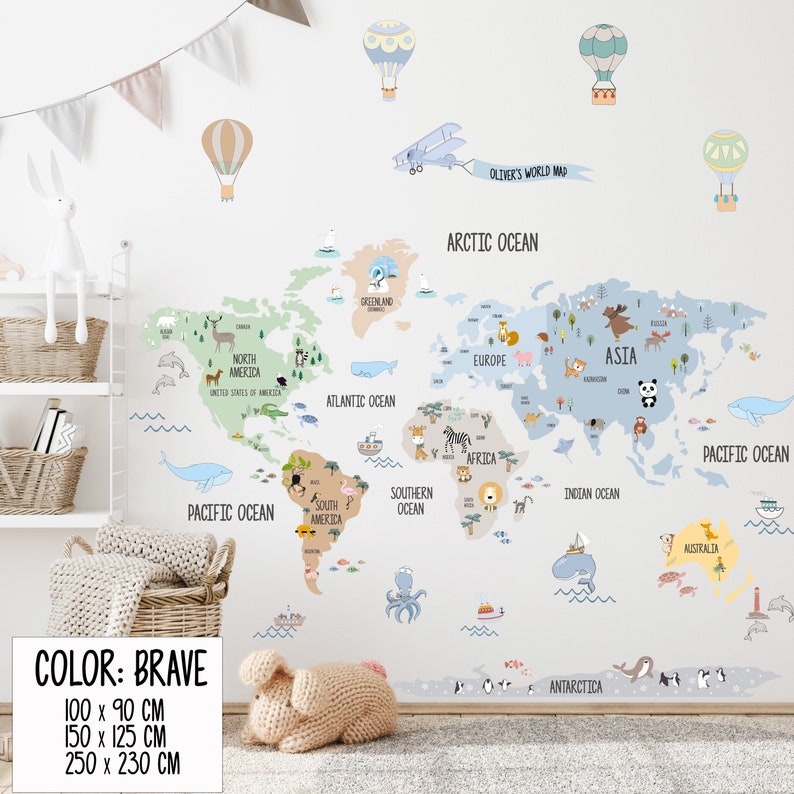 Toddler World Map Decal Animals World Map Sticker Peel and - Etsy
