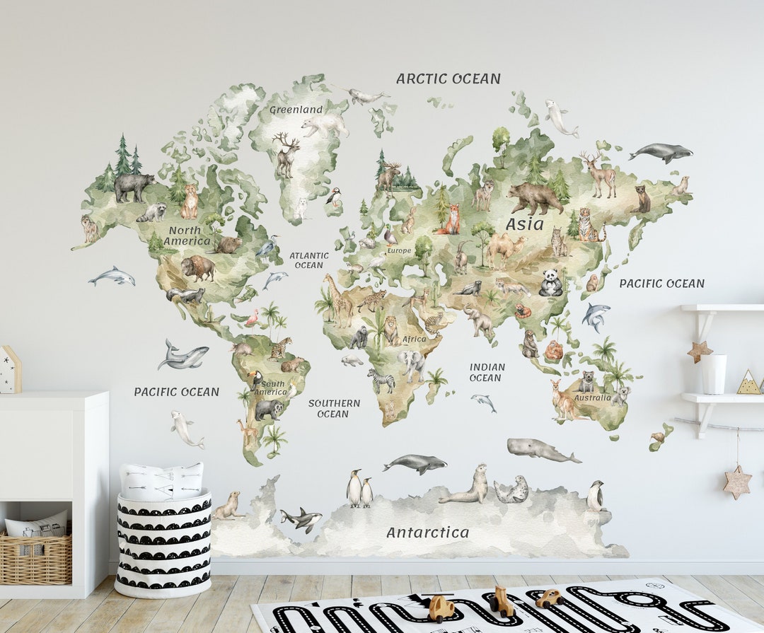 Watercolor World Map Decal, Childrens World Map Sticker, Animal Map ...
