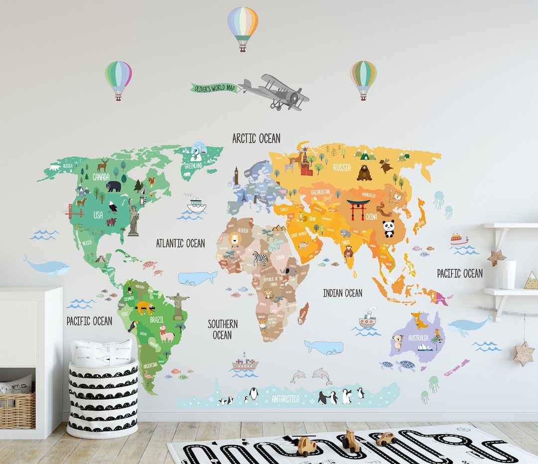 Country Names Colorful World Map Sticker, Animal World Map Decal, Peel ...