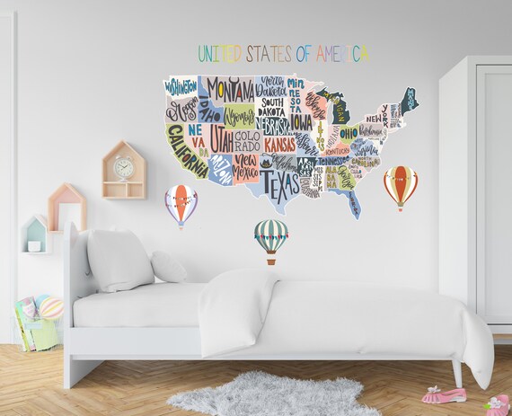 USA Map Wall Decal Kid Room US Map Decal US Map Sticker | Etsy