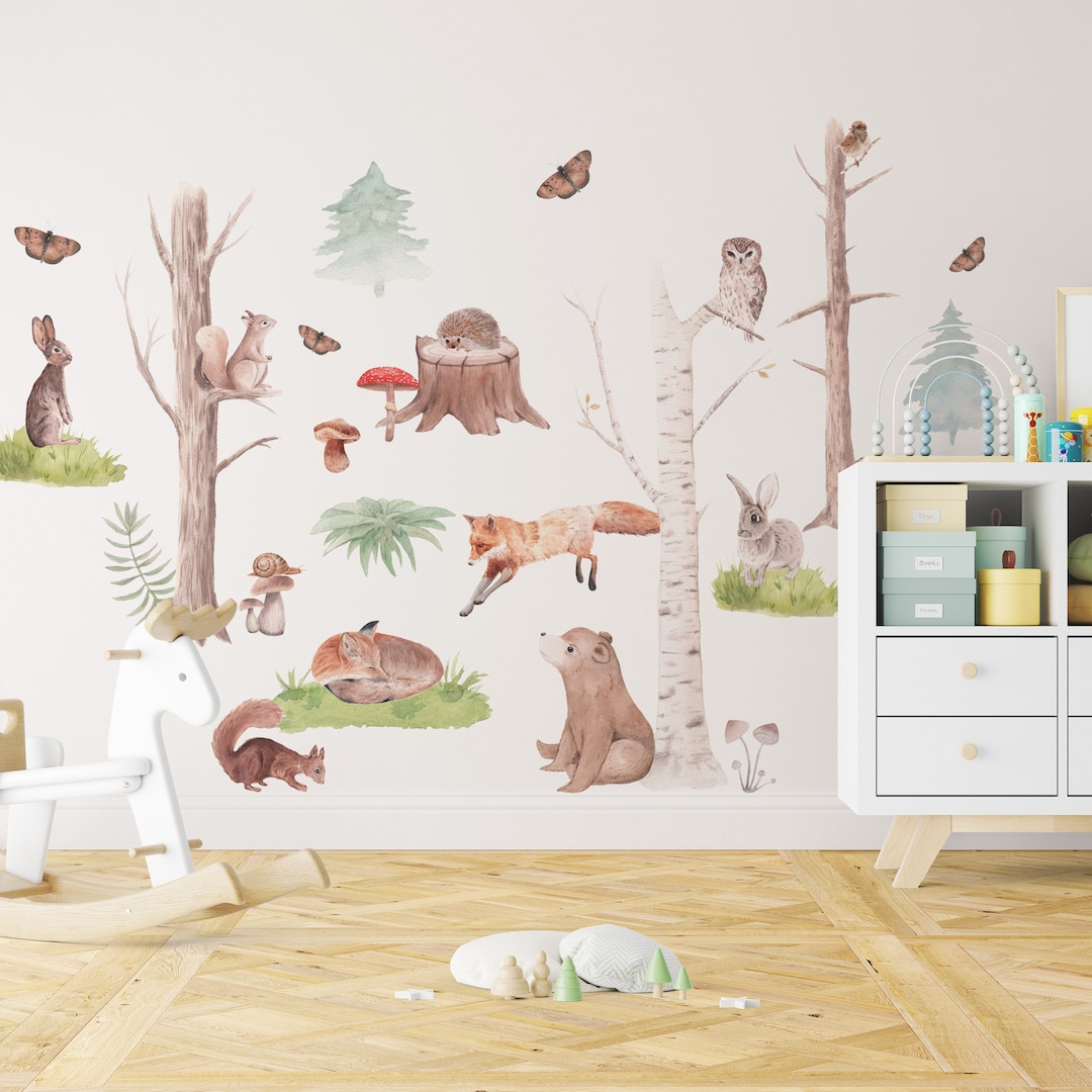 Woodland Animal and Tree Wall Decal, Nursery Forest Wall Decal, Bear ...