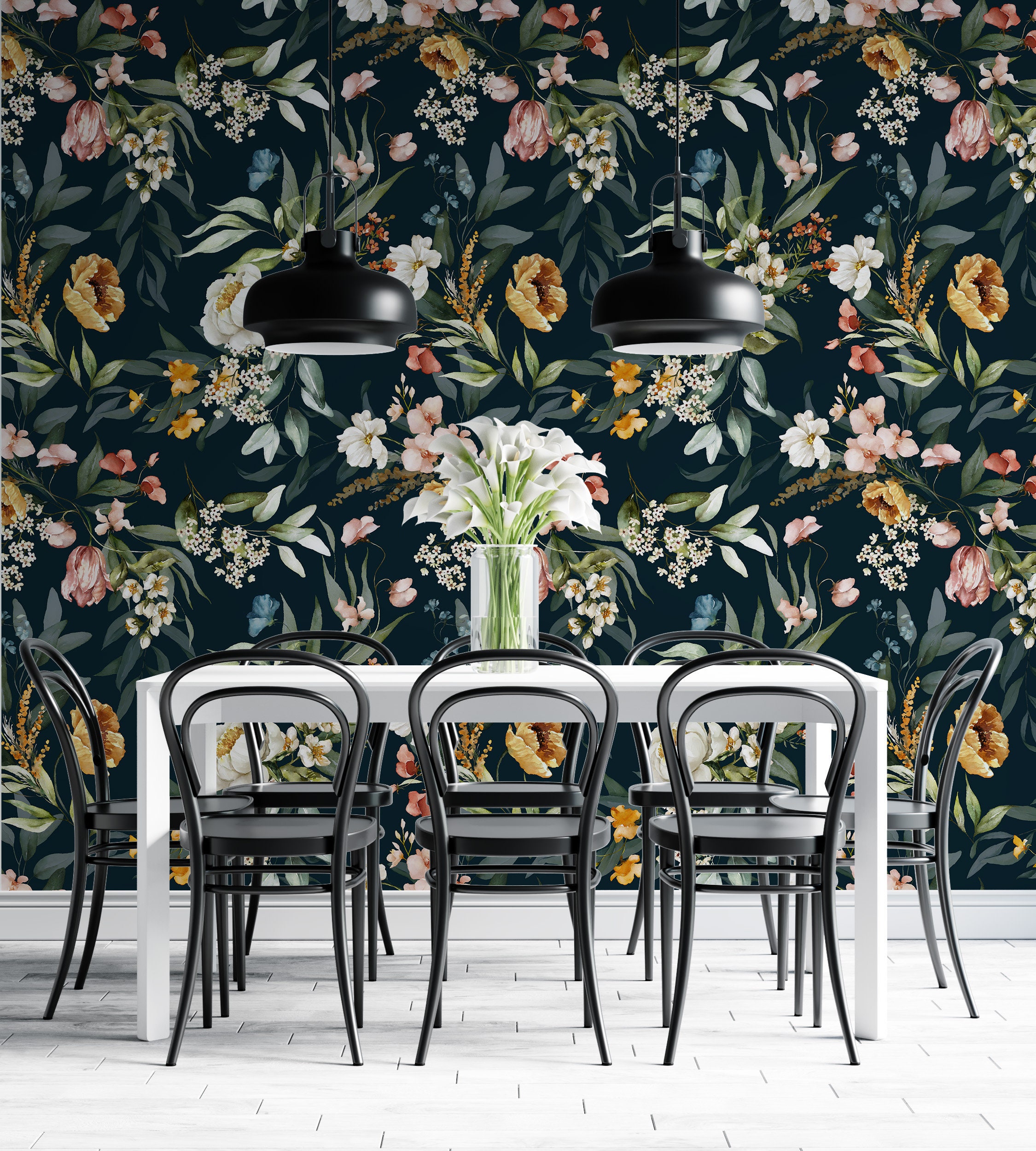 Dark Floral Wallpaper Botanical Removable Wallpaper Peel - Etsy