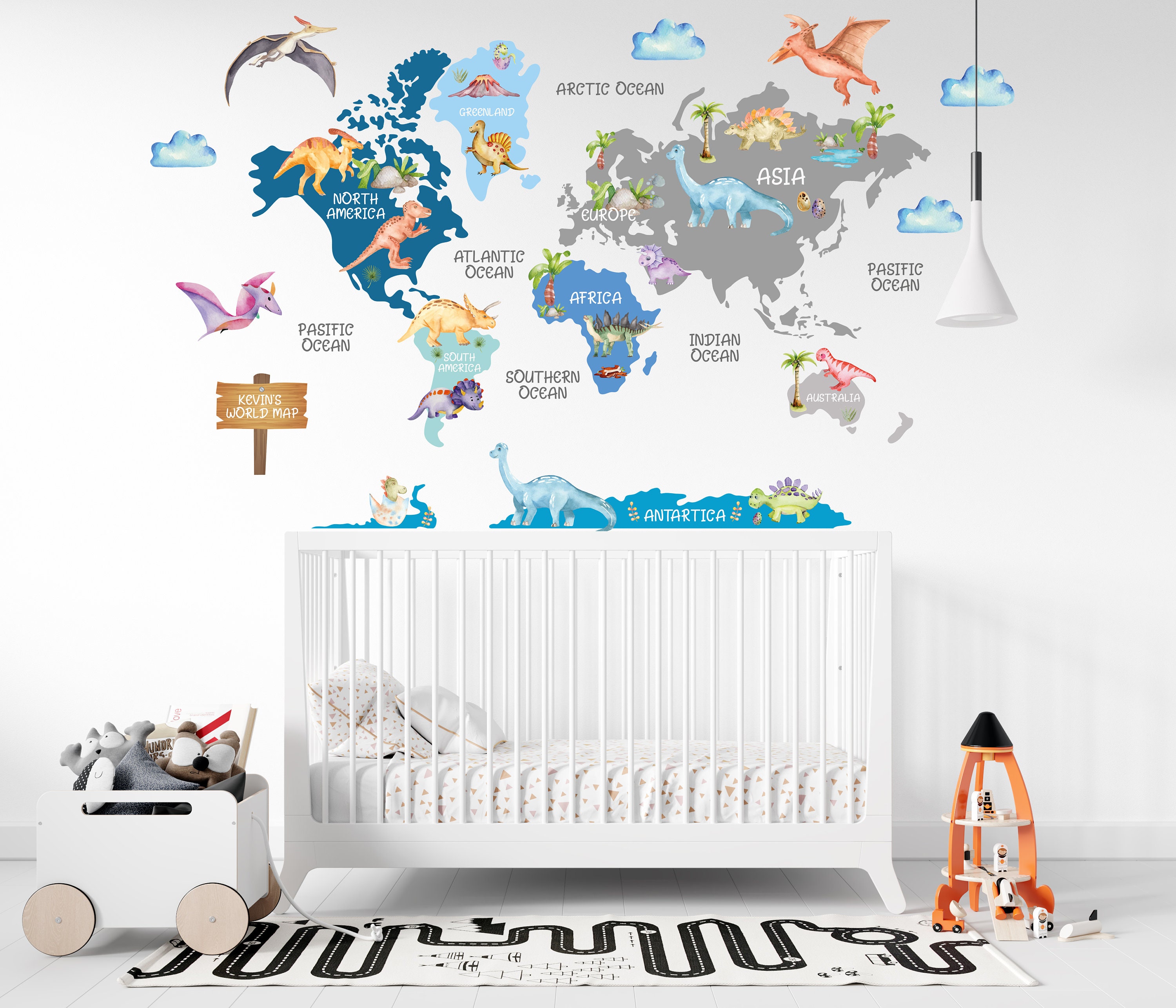 Dinosaur World Map Wall Sticker, World Map Wall Decal, World Map ...