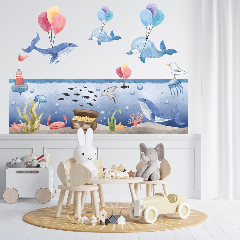 Under the Sea Watercolor Wall Decal Whales Wall Decal Ocean - Etsy