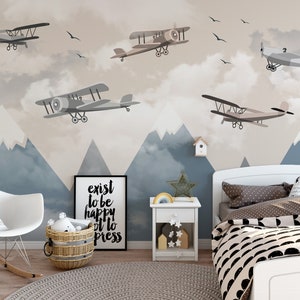 Kids Airplane Wallpaper, Mountain Sky Wallpaper, Nursery Mountain ...