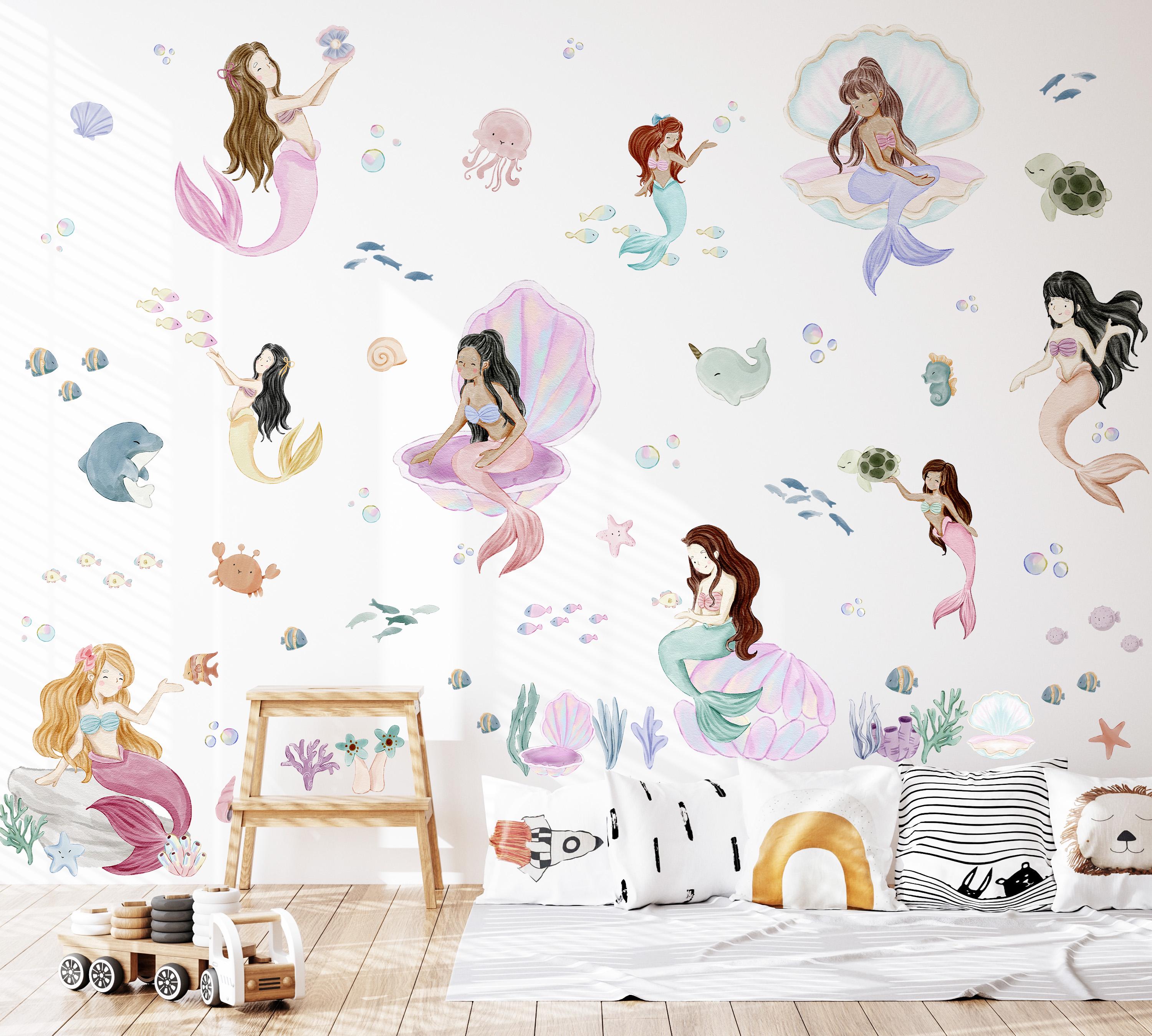 Huge Watercolor Mermaids & Ocean Animals Wall Decal Set, Mermaid Wall ...
