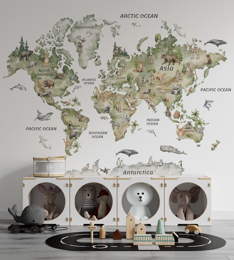 Watercolor World Map Decal Childrens World Map Sticker - Etsy