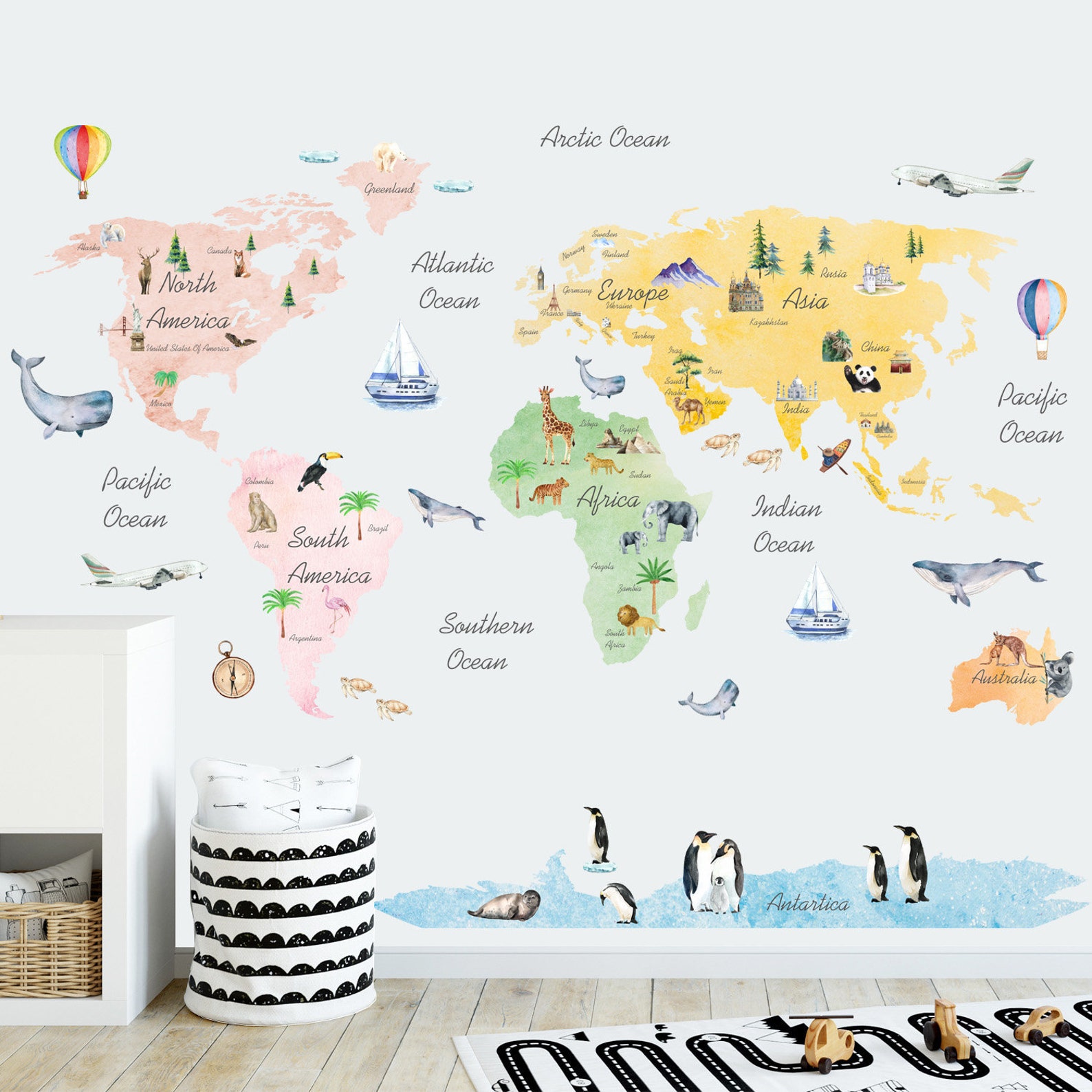 Watercolor Large World Map Decal Kid Room World Map World - Etsy