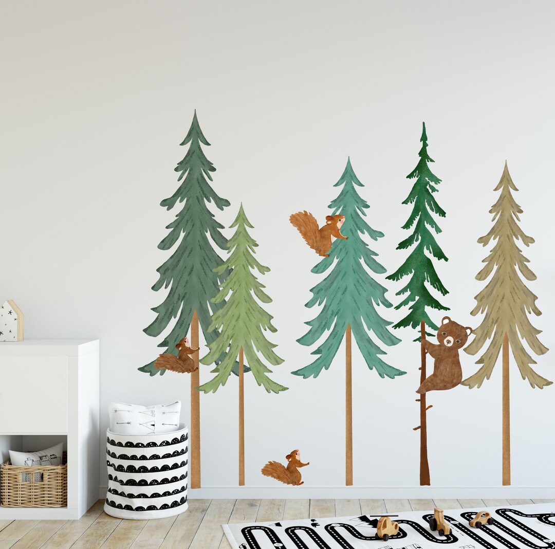 Watercolor Pine Tree Wall Decal, Tree Wall Sticker, Nursery Tree Wall ...